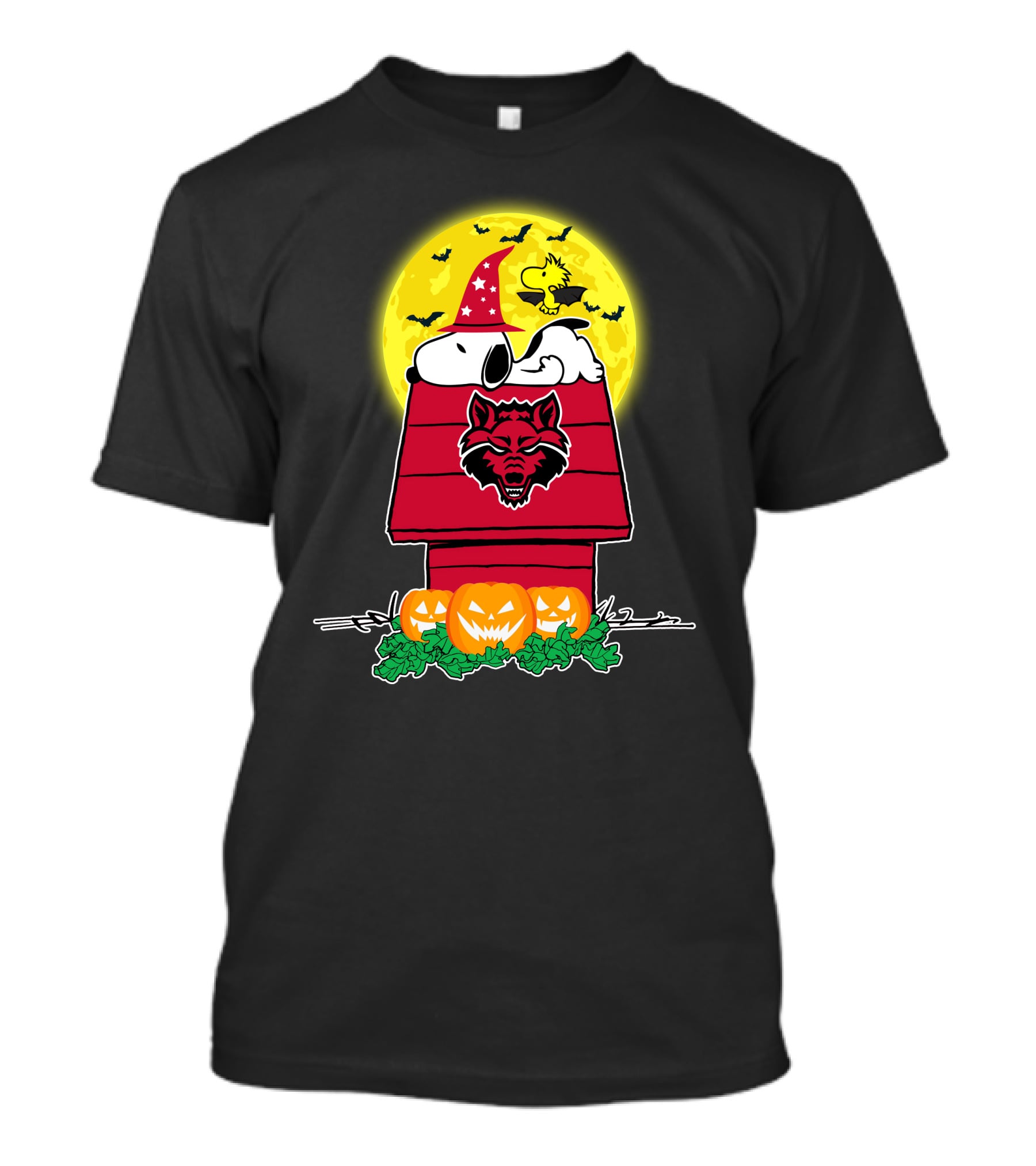 Arkansas State Red Wolves Snoopy Woodstock Halloween Pumpkins Moon Bats T-Shirt