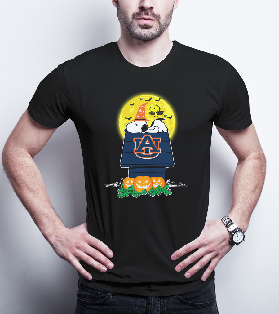 Auburn Tigers Snoopy Halloween Peanuts Pumpkin Moon Woodstock T-Shirt