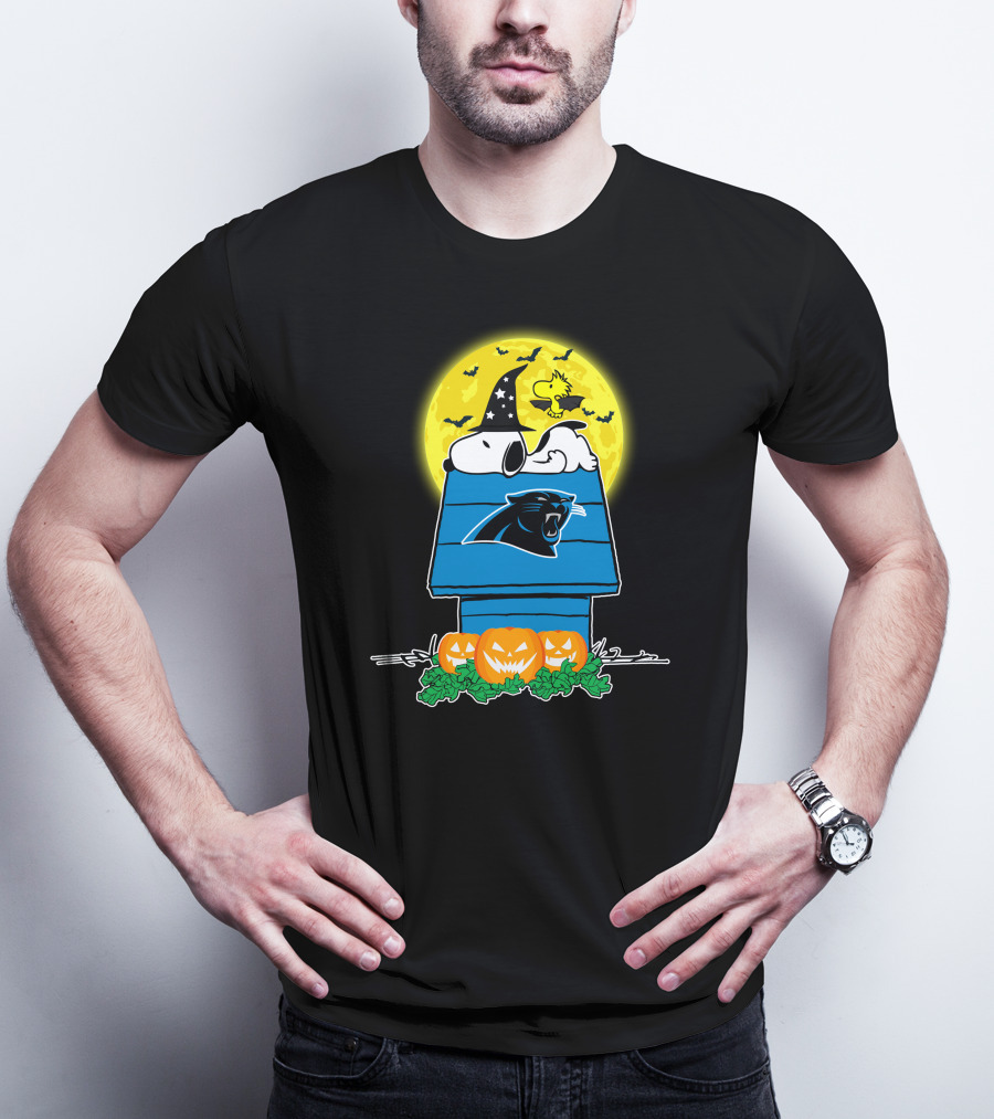 Carolina Panthers Snoopy Woodstock Halloween Pumpkins Moon House T-Shirt