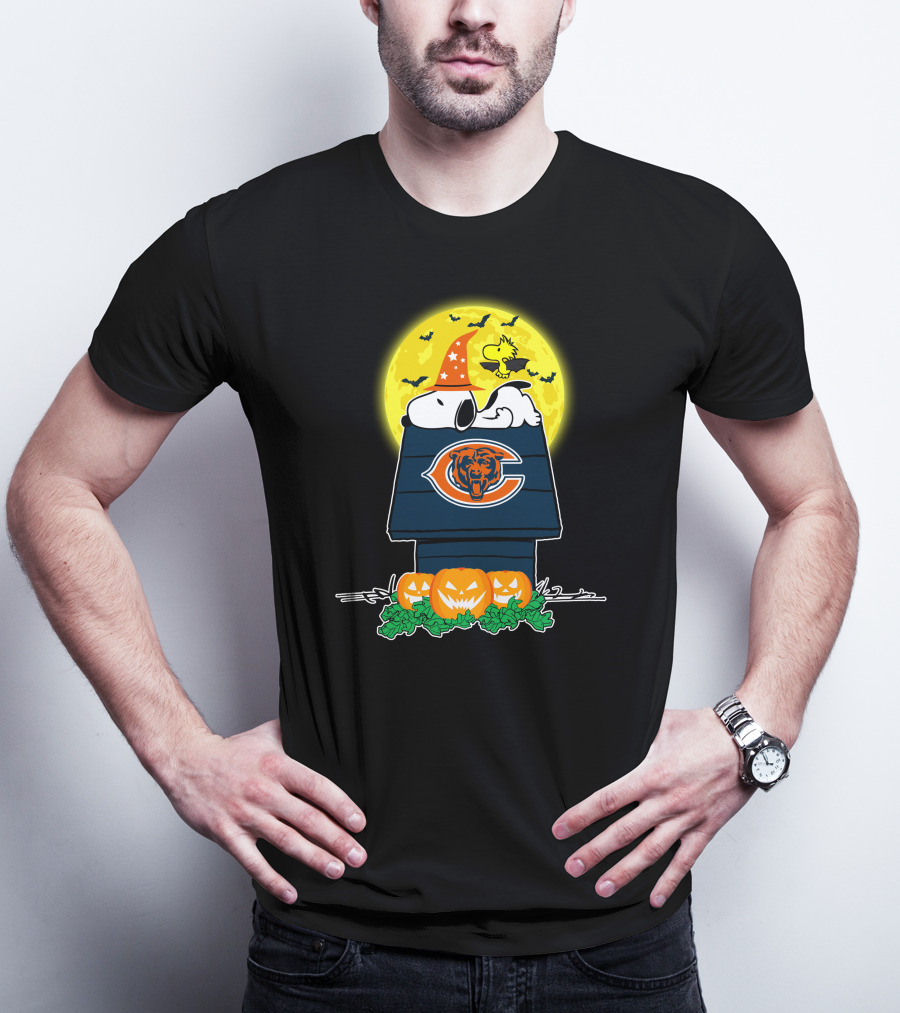 Snoopy And Woodstock With Chicago Bears Logo Halloween Scene T-Shirt