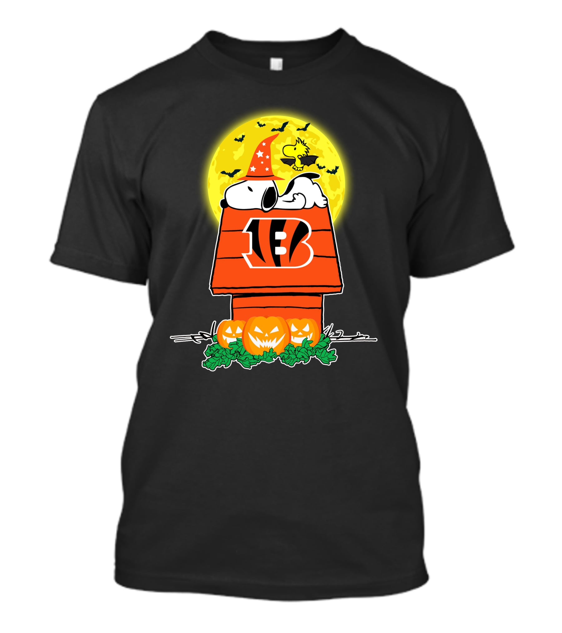 Cincinnati Bengals Snoopy And Woodstock Halloween Moon With Pumpkins And Witch Hat T-Shirt