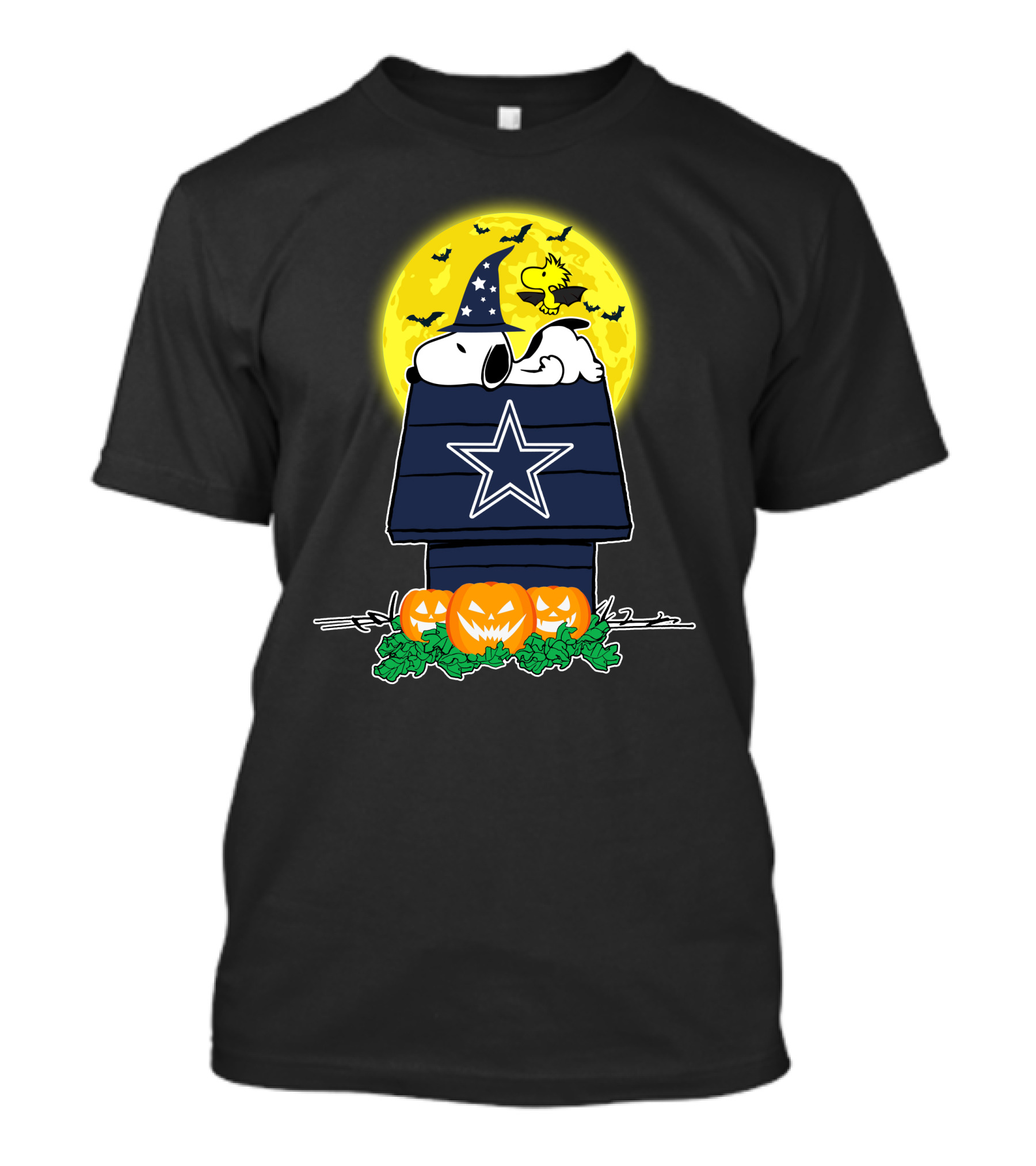 Dallas Cowboys Snoopy Halloween Peanuts Woodstock Pumpkin Moon Scene T-Shirt