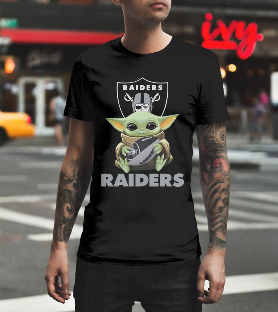 Las Vegas Raiders Baby Yoda Holding Football With Raiders T-Shirt