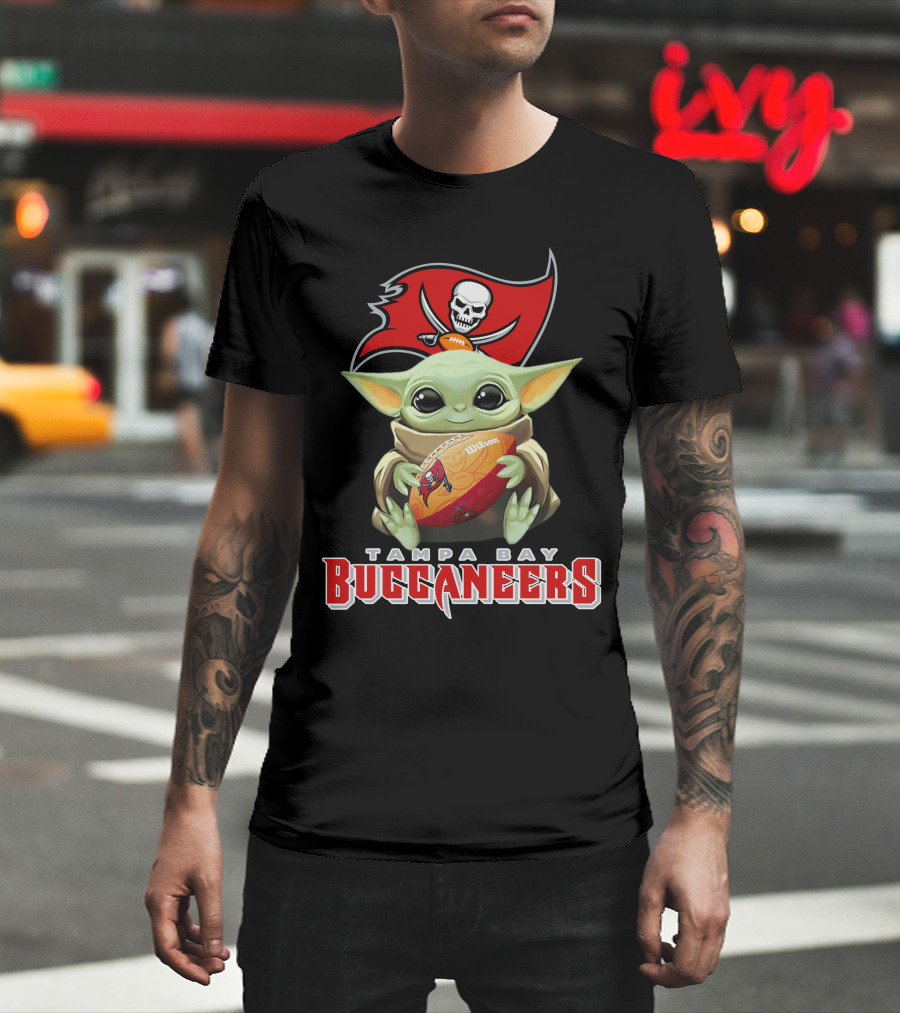 Tampa Bay Buccaneers Baby Yoda Holding Wilson Football T-Shirt