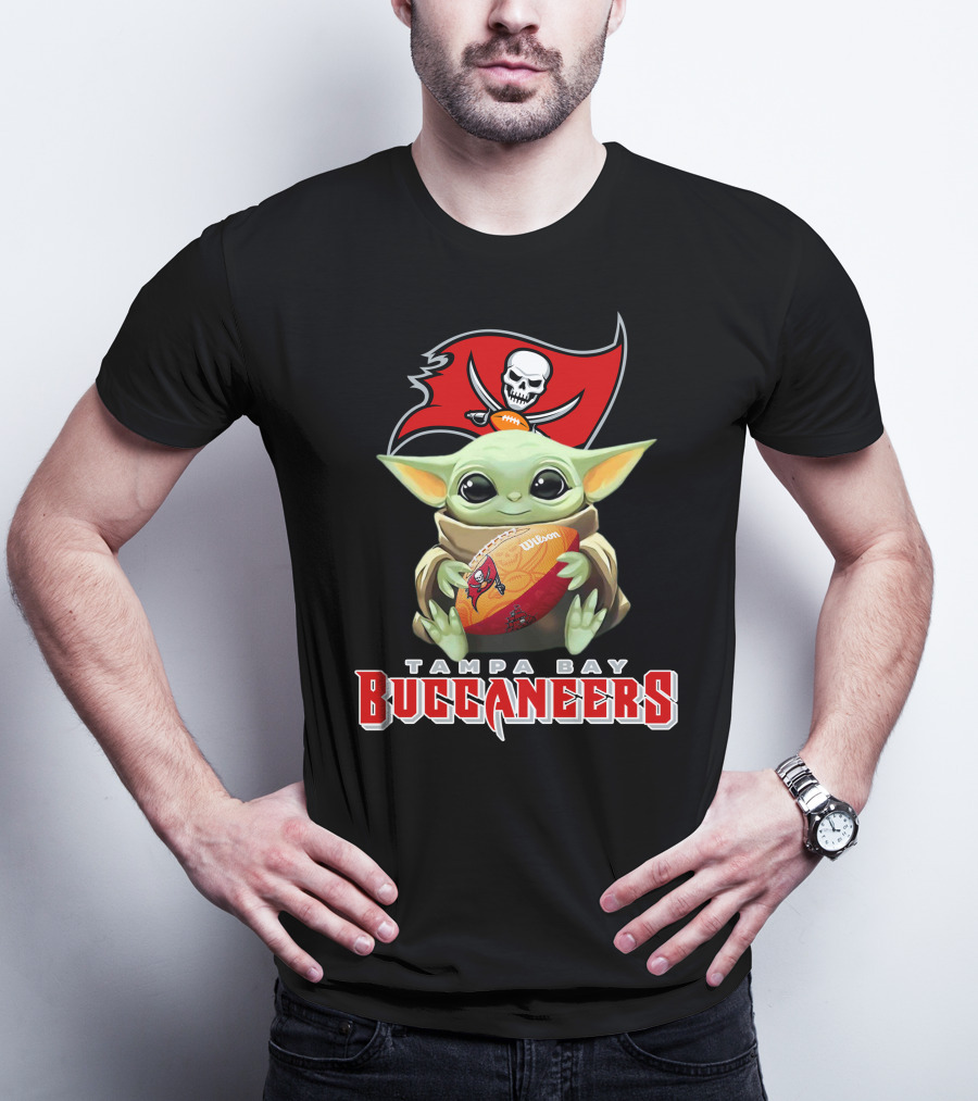 Tampa Bay Buccaneers Baby Yoda Holding Wilson Football T-Shirt