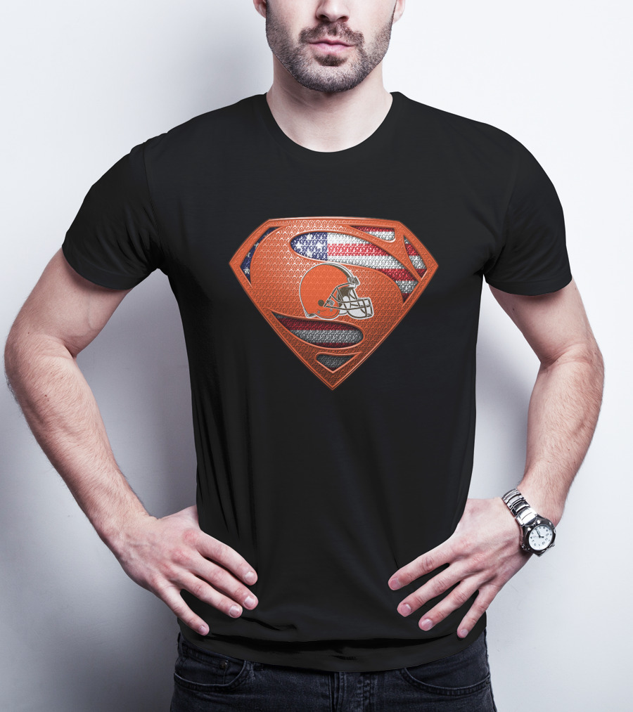Cleveland Browns Superman Logo American Flag Helmet T-Shirt
