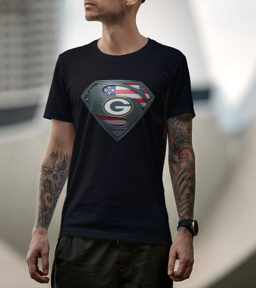 Green Bay Packers Superman American Flag Logo Fan T-Shirt