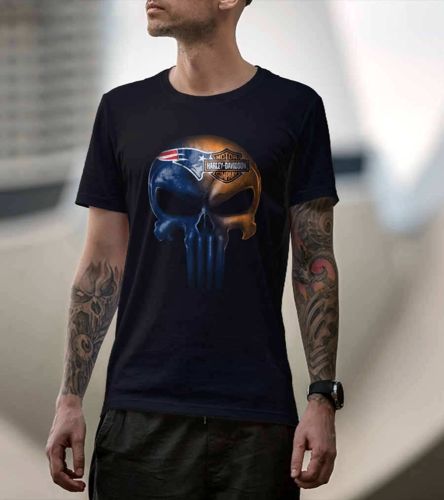 New England Patriots Skull Harley Davidson Crossover T-Shirt