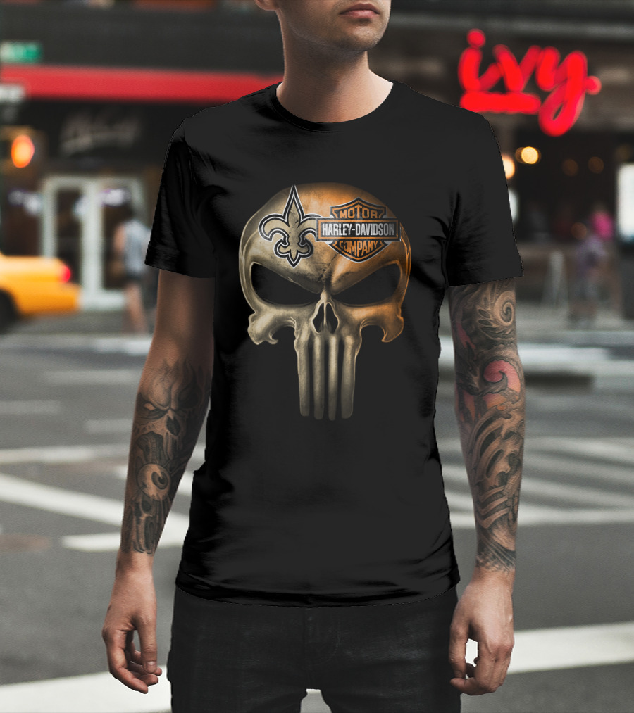 New Orleans Saints Skull Harley Davidson Motor Company T-Shirt