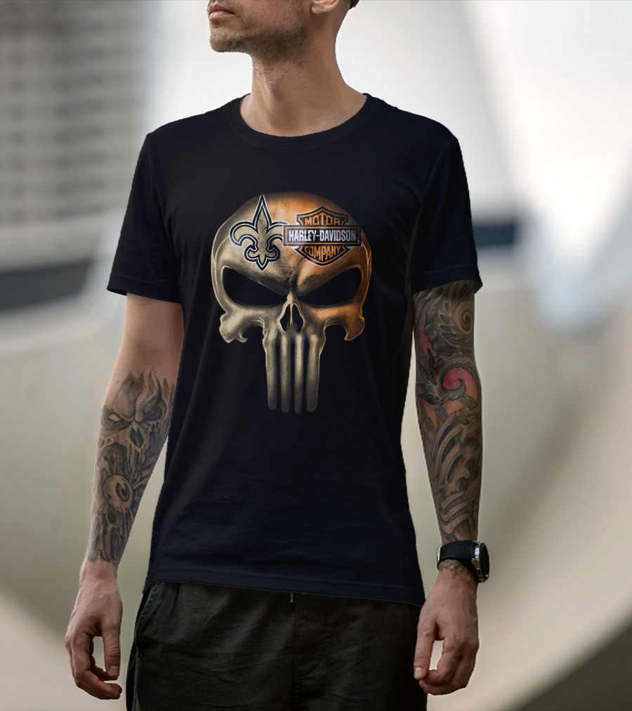 New Orleans Saints Skull Harley Davidson Motor Company T-Shirt