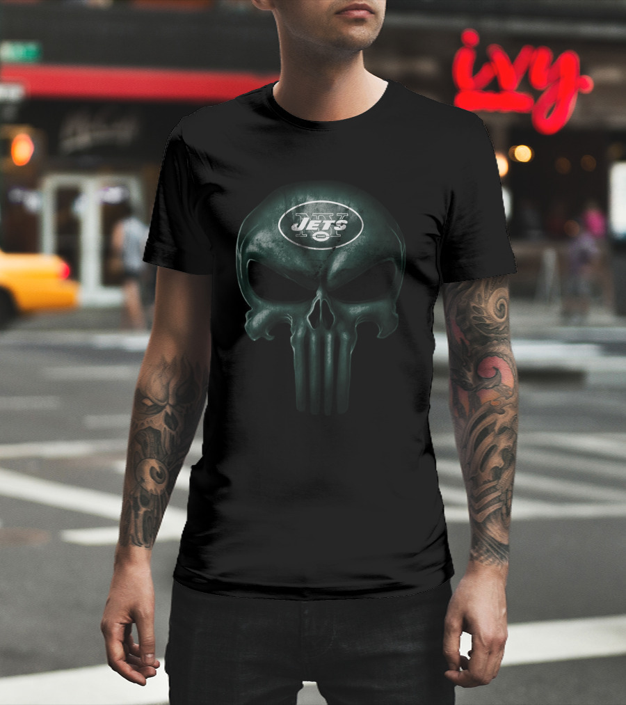 New York Jets Skull Punisher Logo Fusion T-Shirt