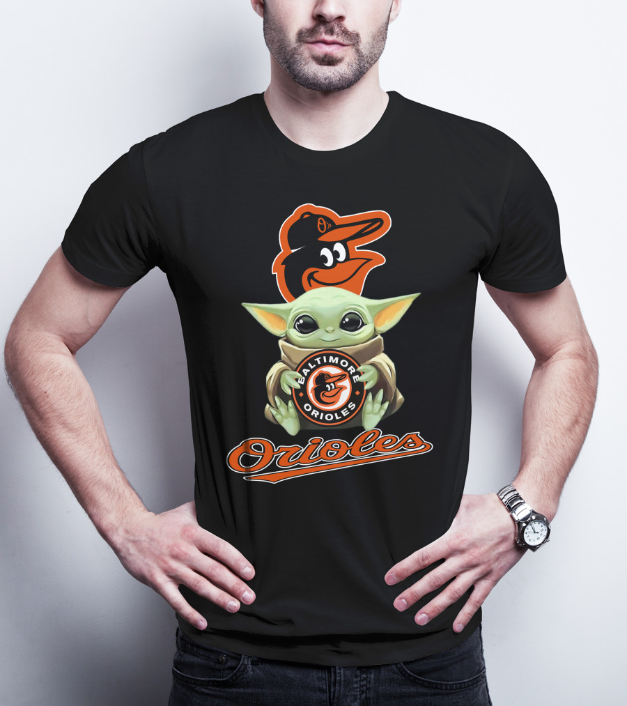 Baltimore Orioles Baby Yoda Holding Logo With Mascot And Team Name T-Shirt