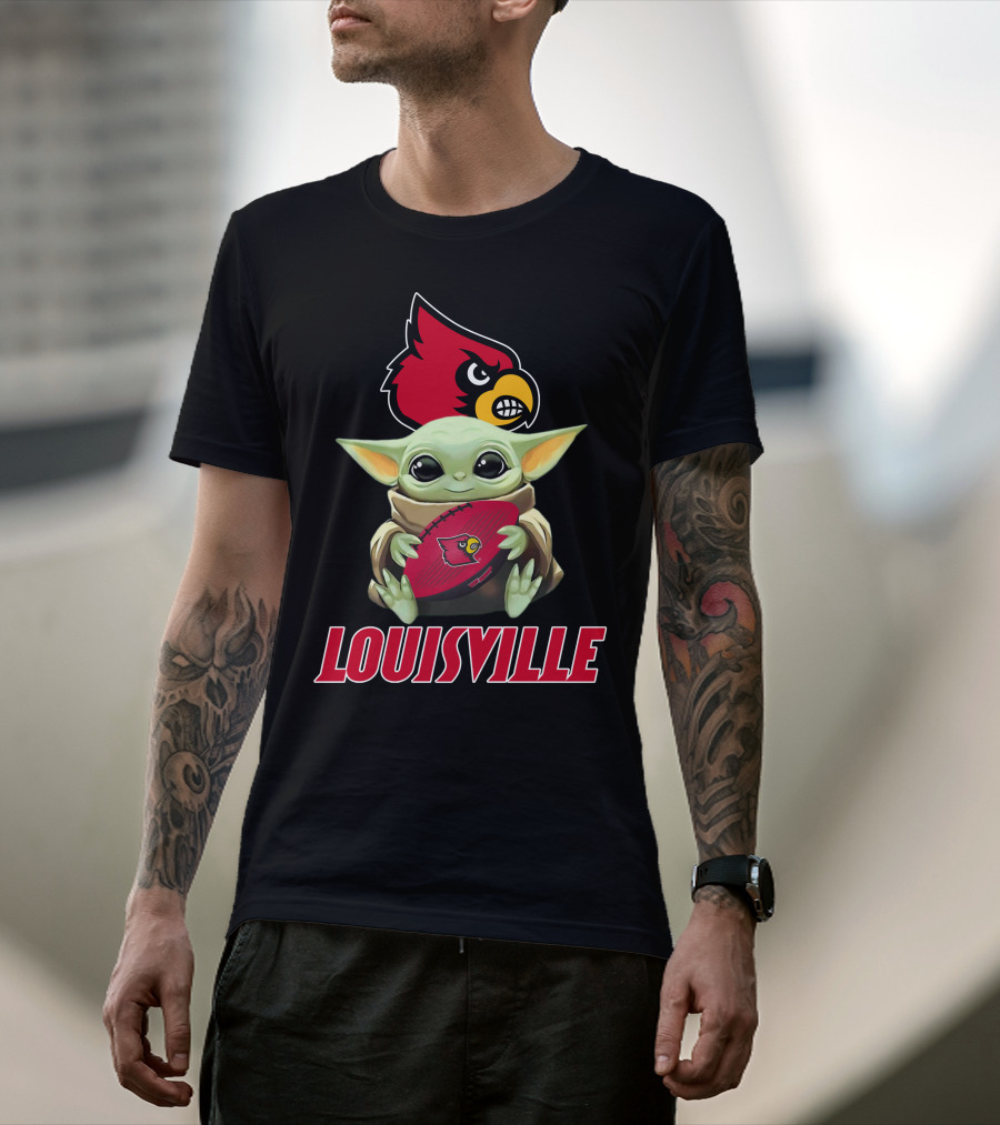 Louisville Cardinals Baby Yoda Holding Football T-Shirt