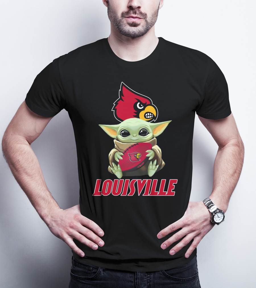 Louisville Cardinals Baby Yoda Holding Football T-Shirt