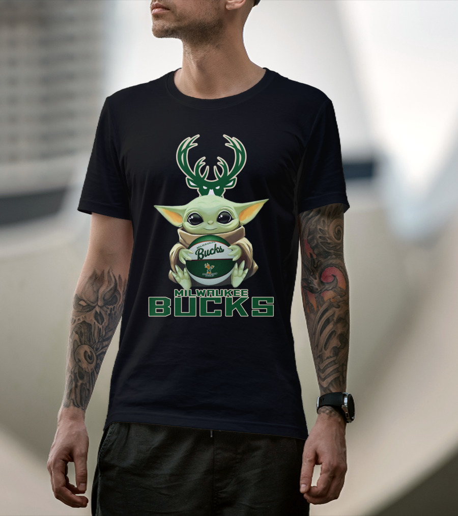 Milwaukee Bucks Baby Yoda Holding Bucks Basketball Star Wars Crossover T-Shirt