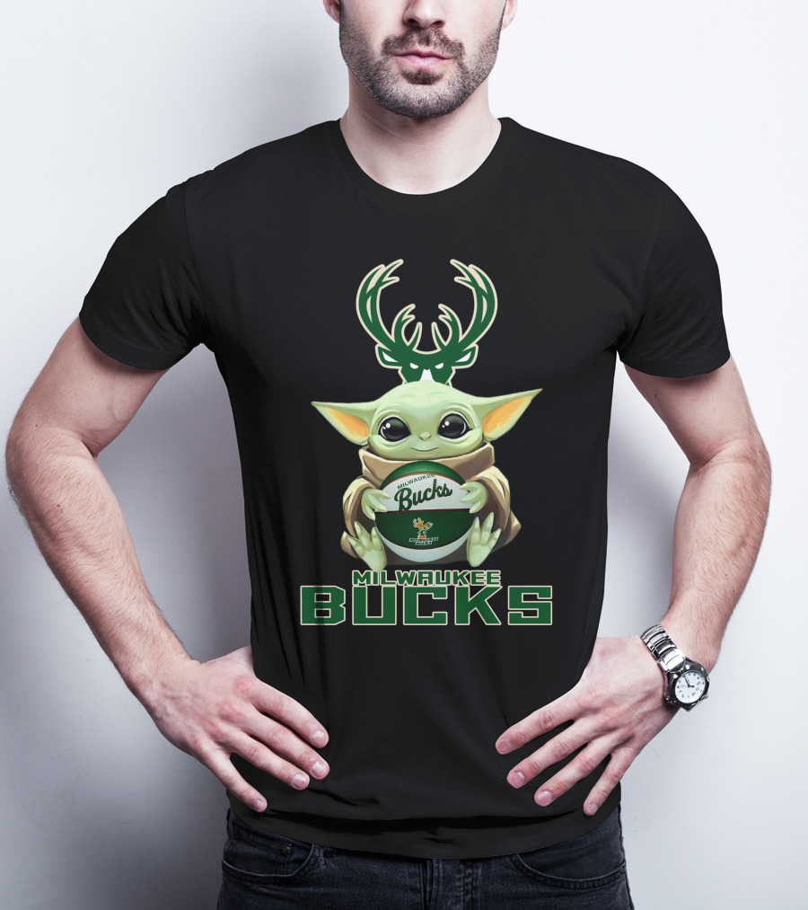 Milwaukee Bucks Baby Yoda Holding Bucks Basketball Star Wars Crossover T-Shirt