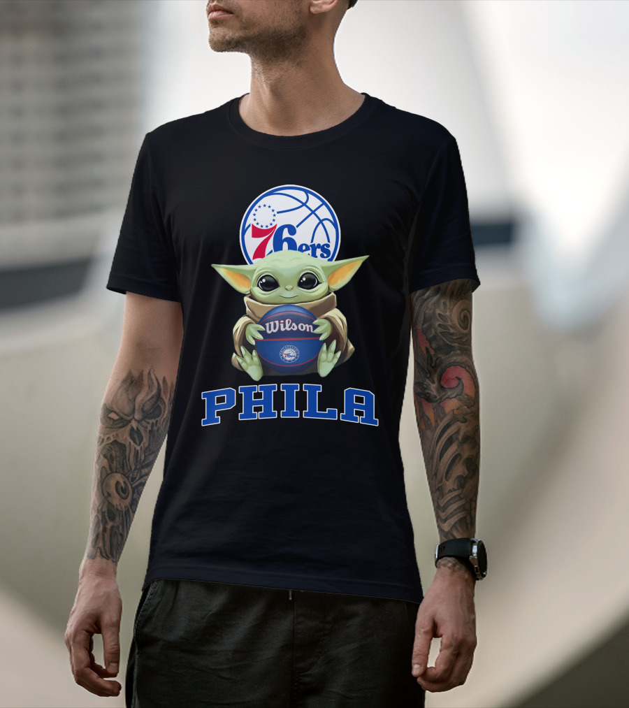 Philadelphia 76ers Baby Yoda Holding Wilson Basketball Phila T-Shirt