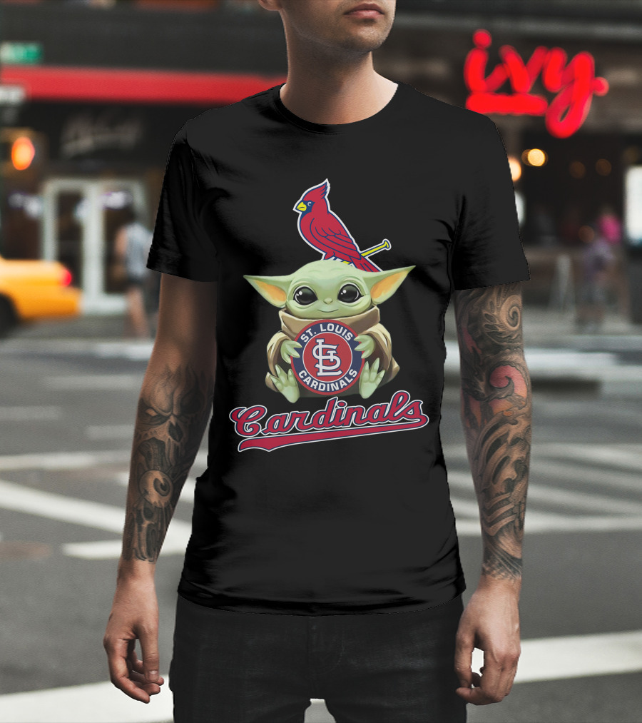 St. Louis Cardinals Baby Yoda Holding Logo With Cardinal Bird T-Shirt