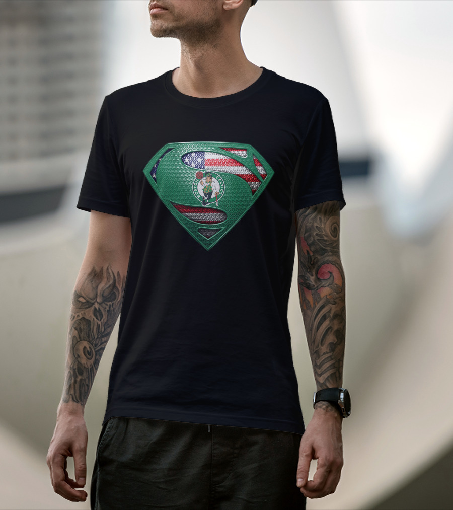 Boston Celtics Superman Logo With American Flag T-Shirt