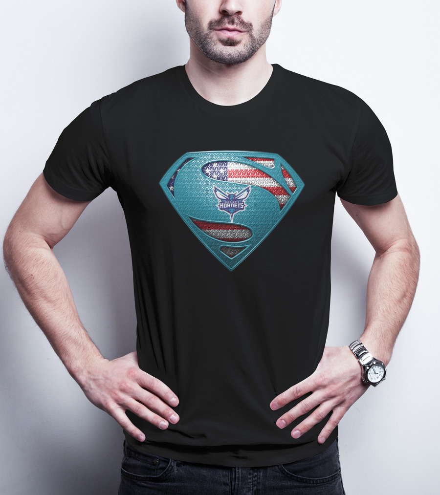 Charlotte Hornets American Flag Superman Logo Fusion T-Shirt