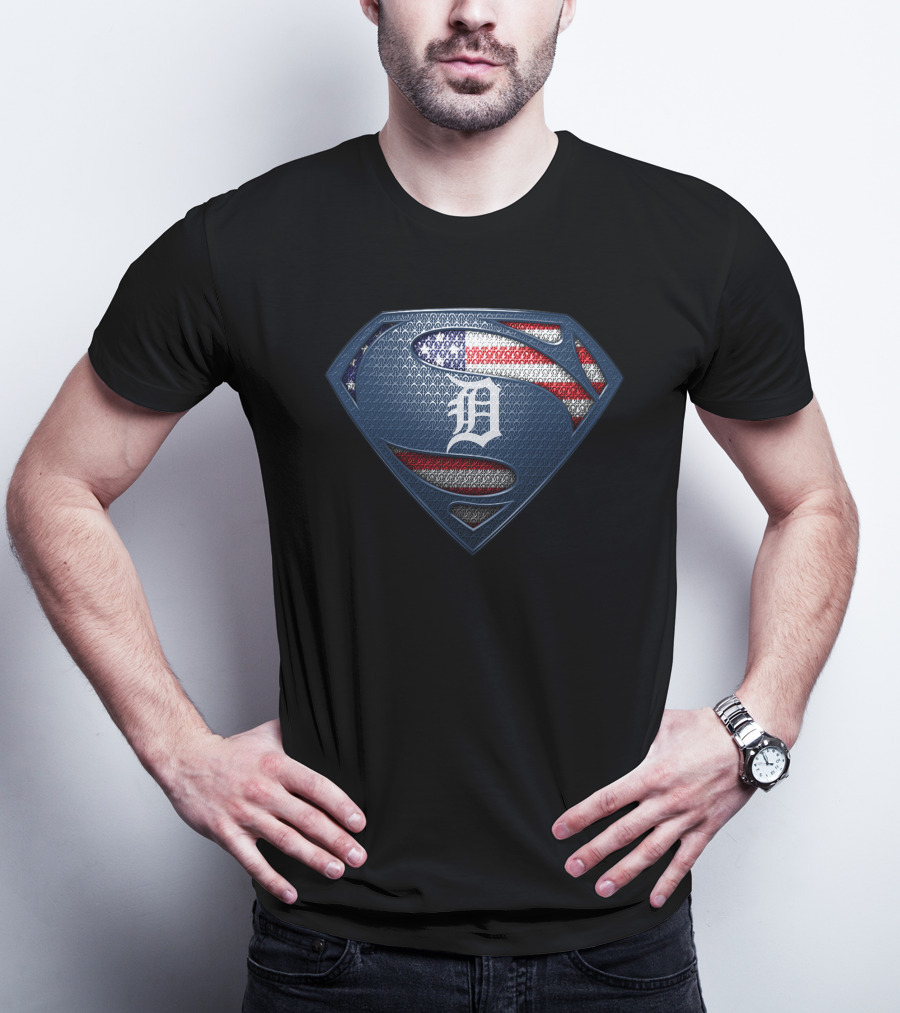 Detroit Tigers Superman American Flag Badge T-Shirt