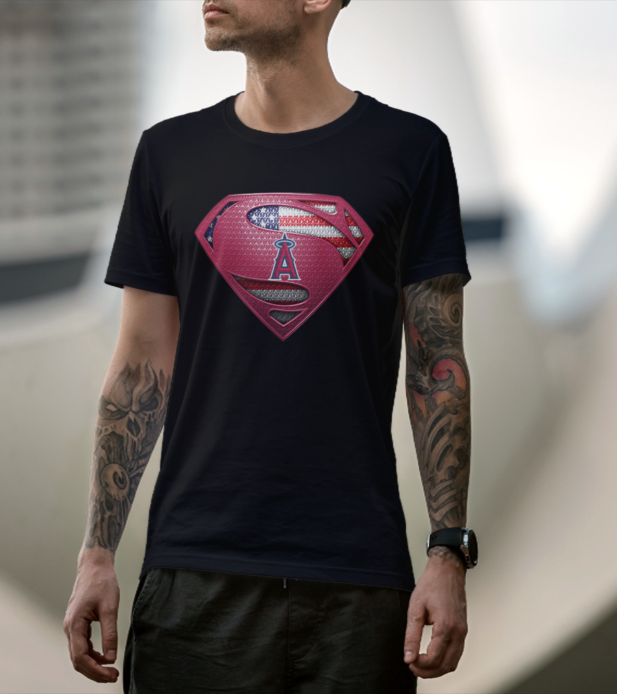Los Angeles Angels Superman Shield American Flag T-Shirt