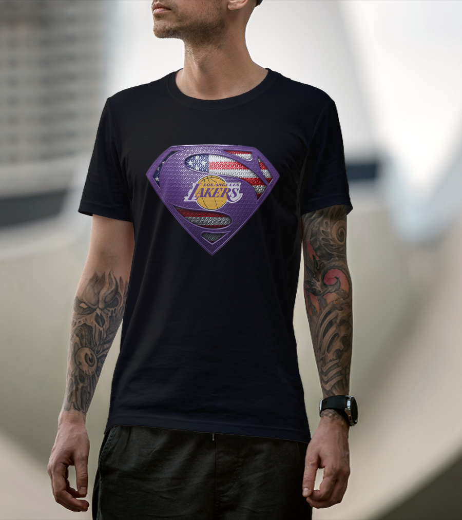 Los Angeles Lakers Superman Shield American Flag T-Shirt