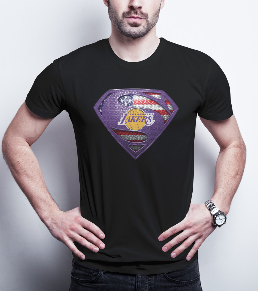 Los Angeles Lakers Superman Shield American Flag T-Shirt