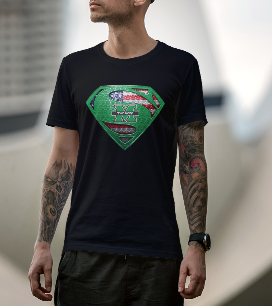 Marshall Thundering Herd Superman Logo With American Flag Element T-Shirt