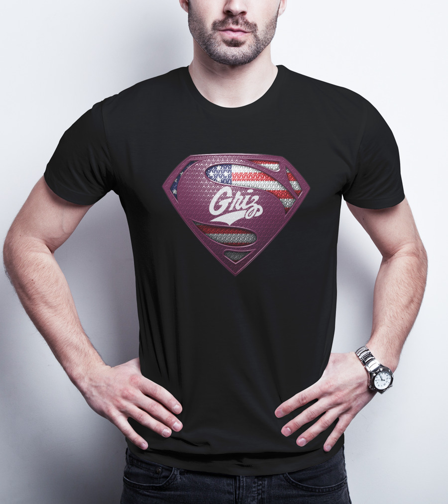 Montana Grizzlies Griz Superman Shield With American Flag T-Shirt