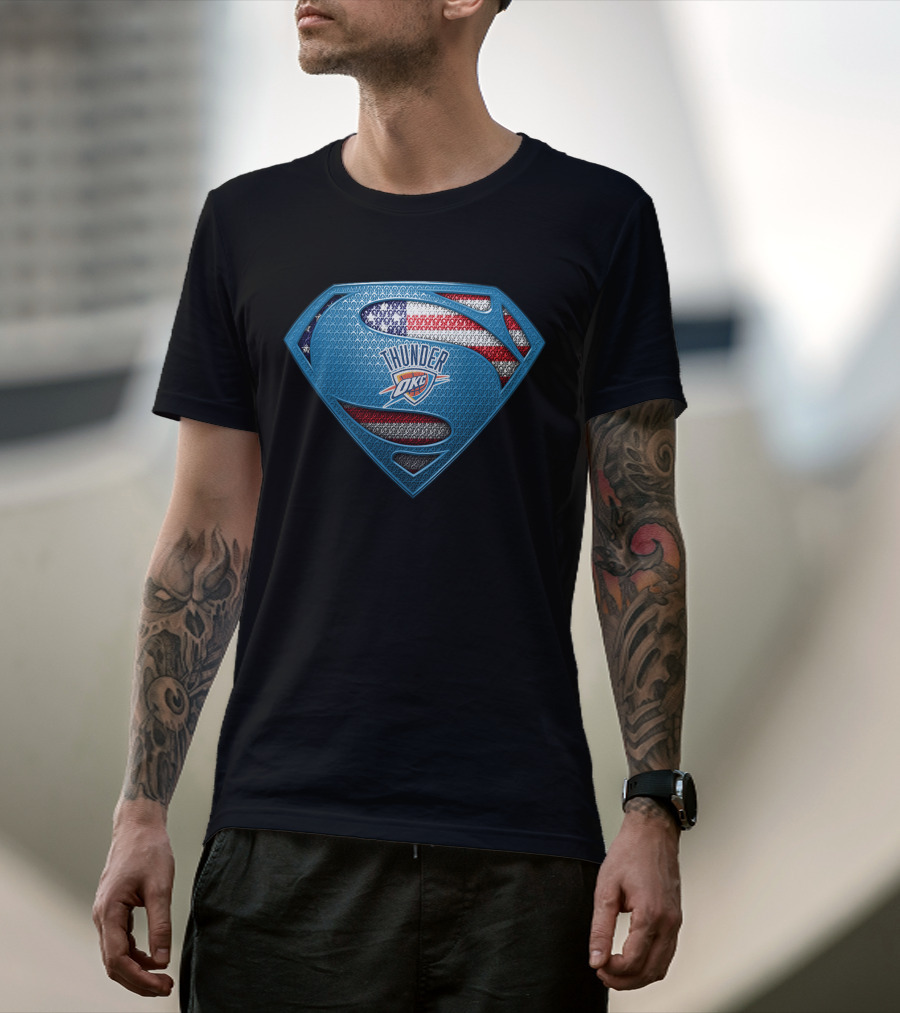 Oklahoma City Thunder Superman Shield With Usa Flag T-Shirt