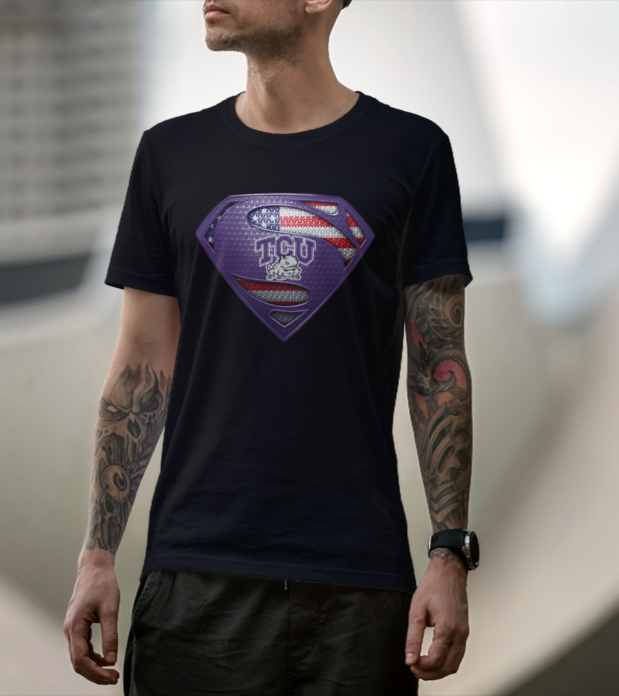 Tcu Horned Frogs Superman Logo Purple American Flag Theme T-Shirt