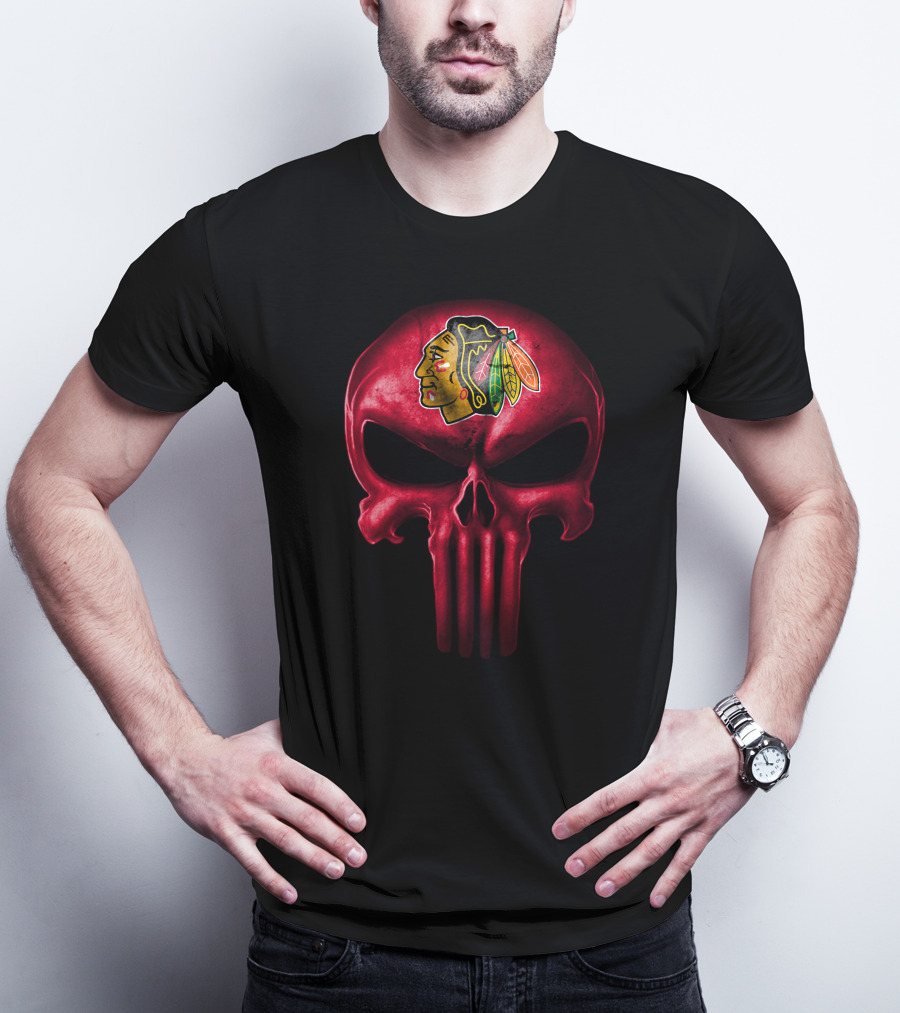 Chicago Blackhawks Punisher Style Skull T-Shirt