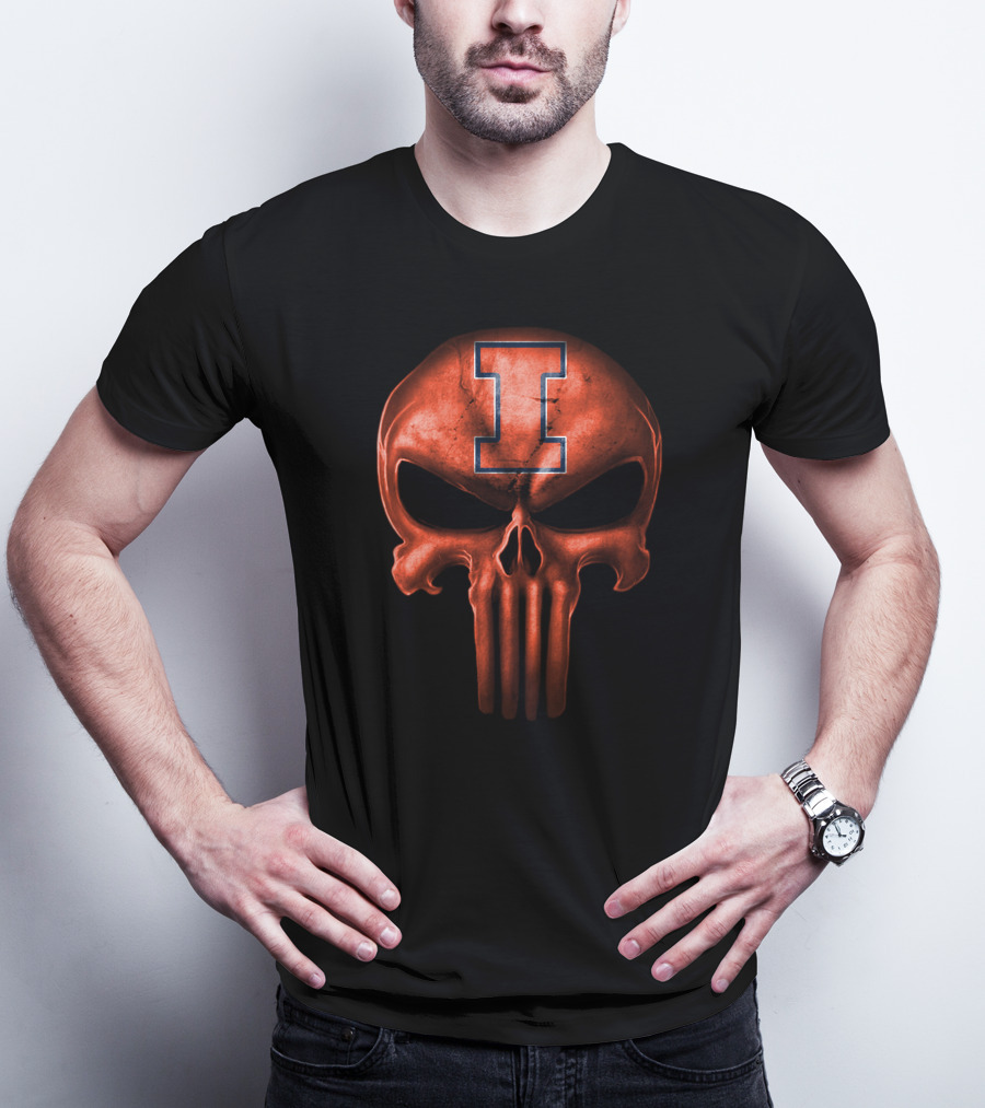Illinois Fighting Illini Skull Icon With Blue I T-Shirt