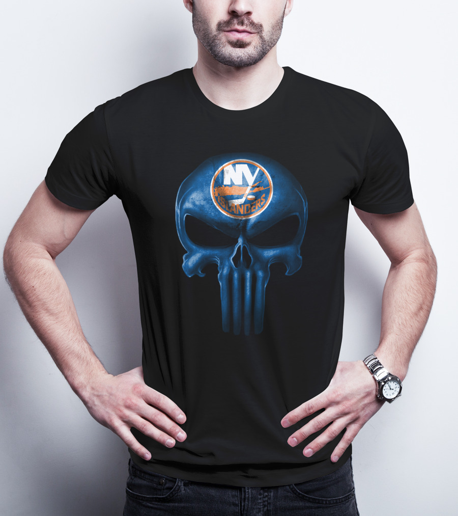 New York Islanders Skull Logo Dark Blue Punisher Style T-Shirt