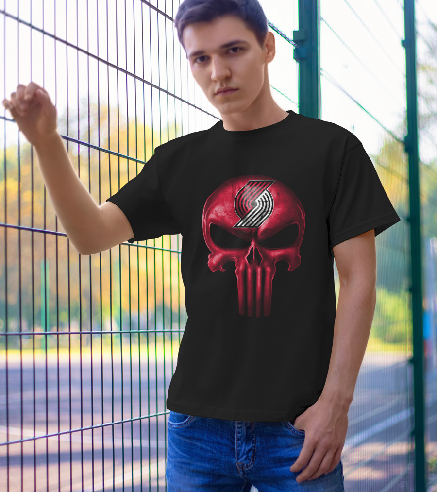 Portland Trail Blazers Skull Logo Punisher Style T-Shirt