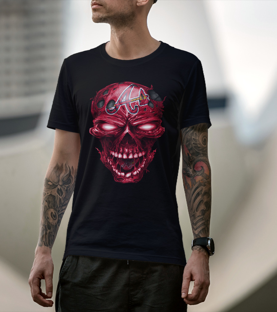Atlanta Braves Red Skull With Team Logo And Tomahawk T-Shirt