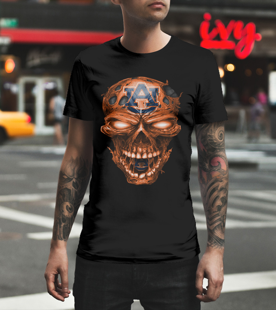 Auburn Tigers Skull With Auburn Logo And Fiery Eyes T-Shirt