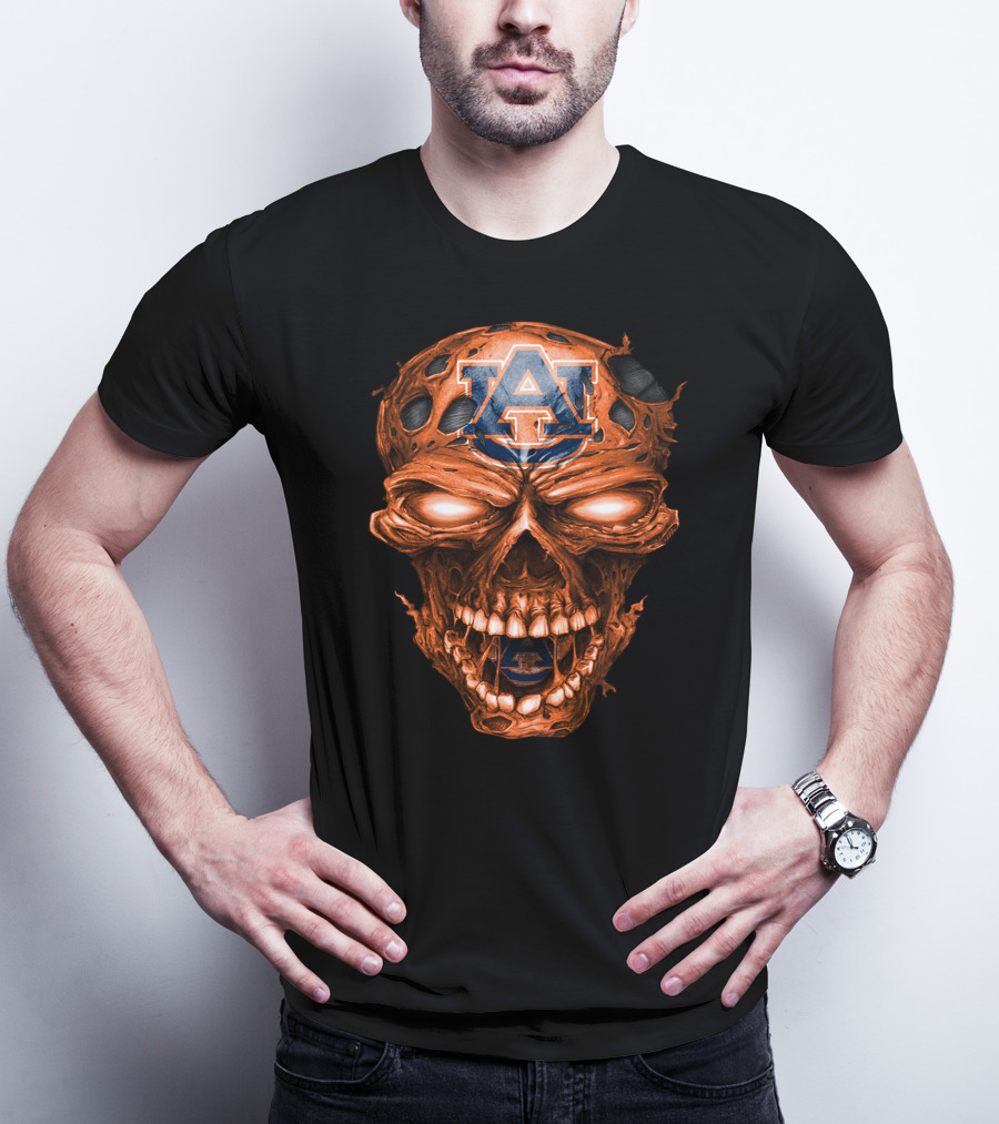 Auburn Tigers Skull With Auburn Logo And Fiery Eyes T-Shirt
