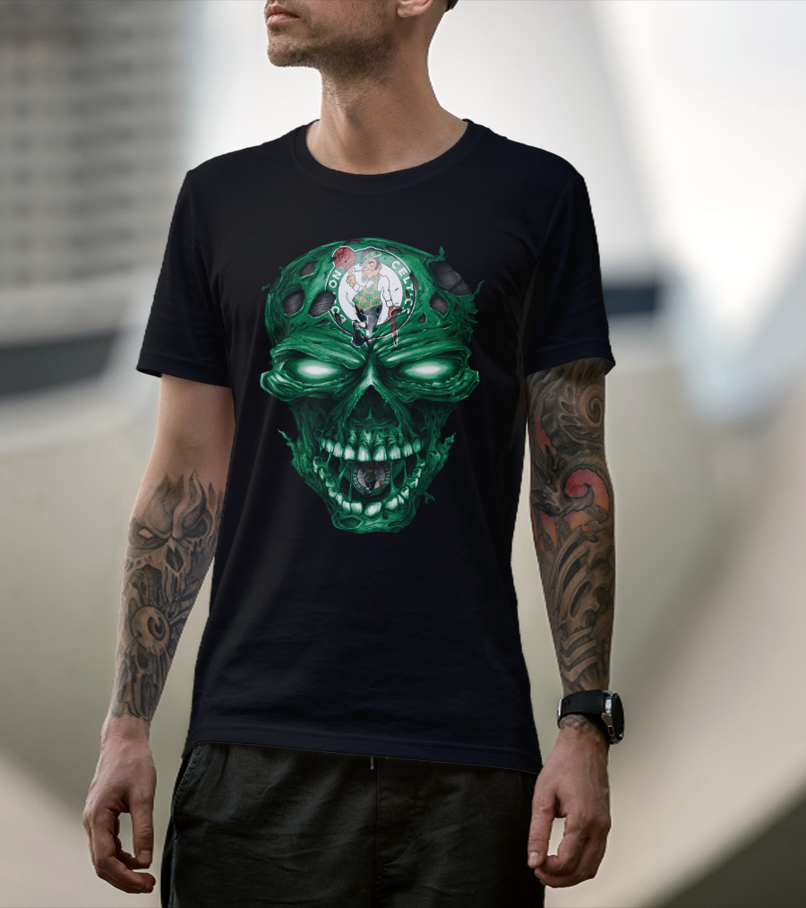 Boston Celtics Skull With Team Logo And Green Fire Eyes T-Shirt