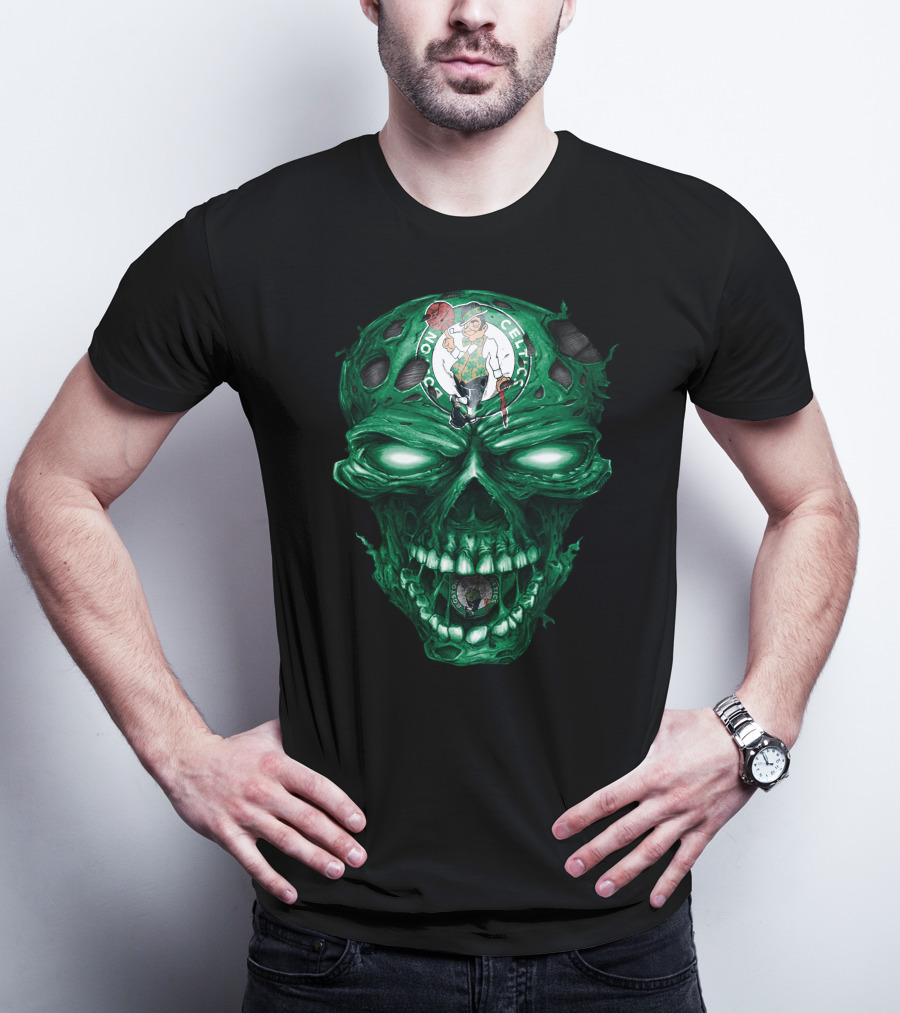 Boston Celtics Skull With Team Logo And Green Fire Eyes T-Shirt