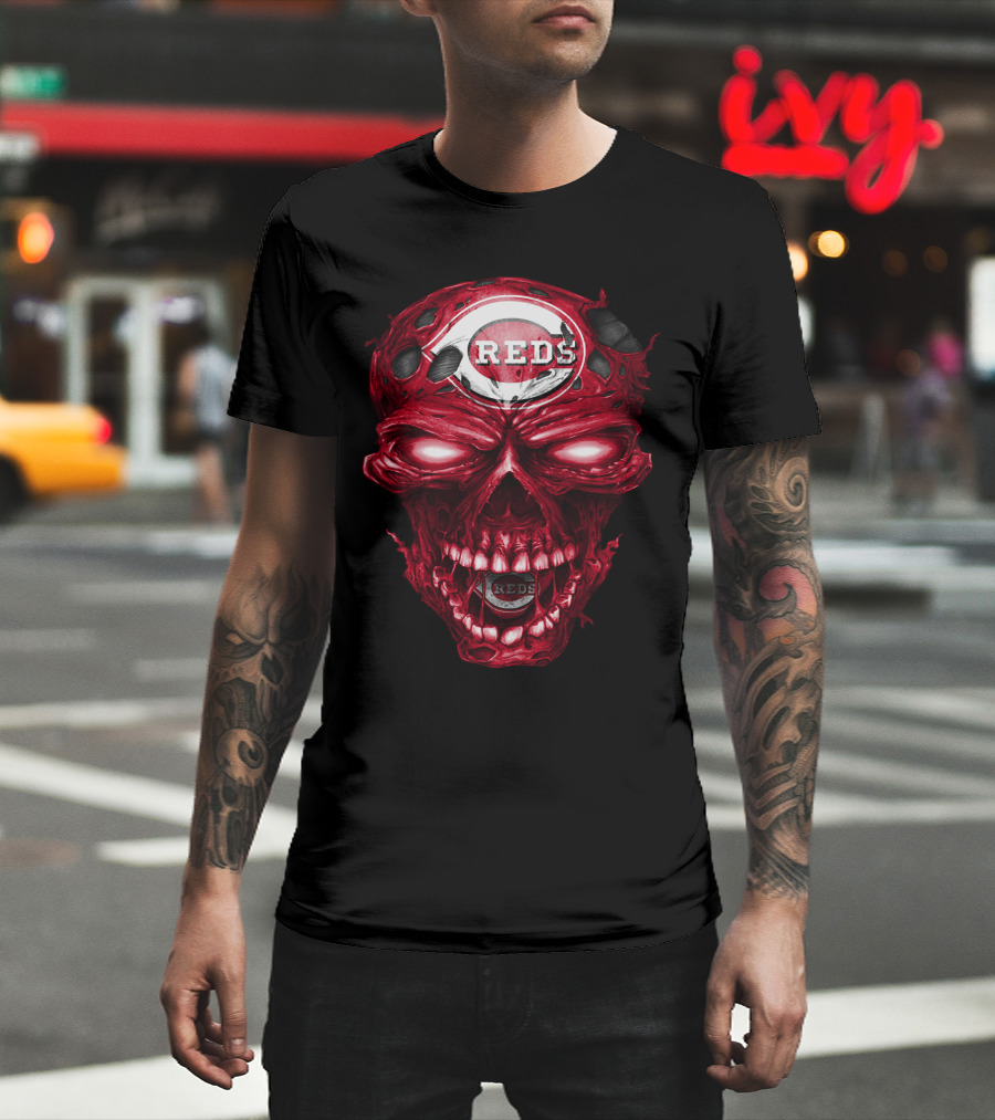 Cincinnati Reds Skull Iconic Logo Imagery With Reds T-Shirt
