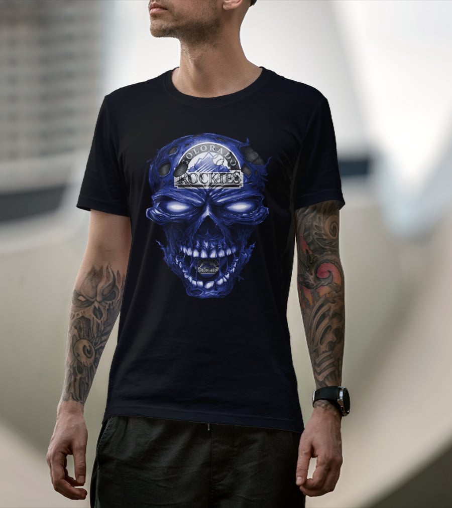 Colorado Rockies Skull Logo With Blue Fiery T-Shirt