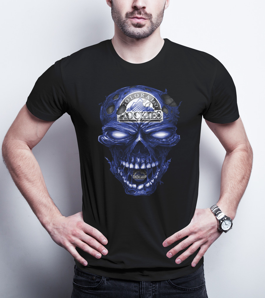 Colorado Rockies Skull Logo With Blue Fiery T-Shirt