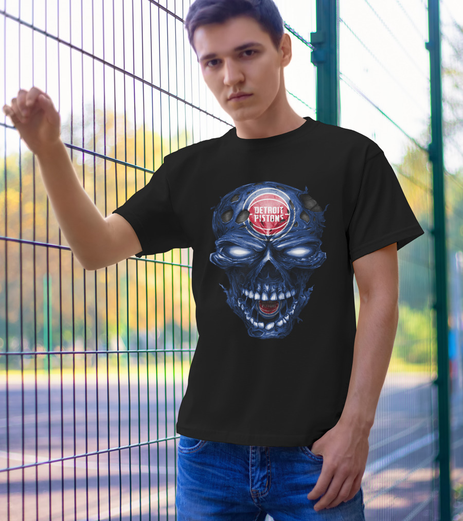 Detroit Pistons Skull Grunge Blue Basketball T-Shirt