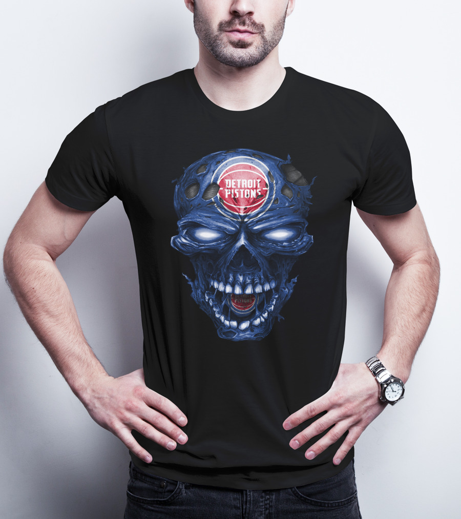 Detroit Pistons Skull Grunge Blue Basketball T-Shirt