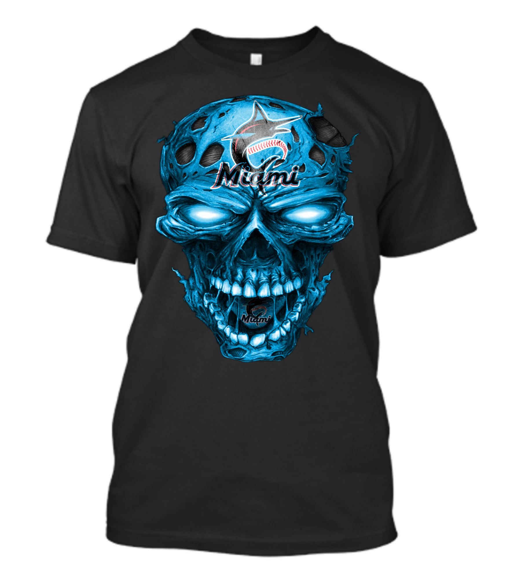 Miami Marlins Skull Blue Baseball T-Shirt