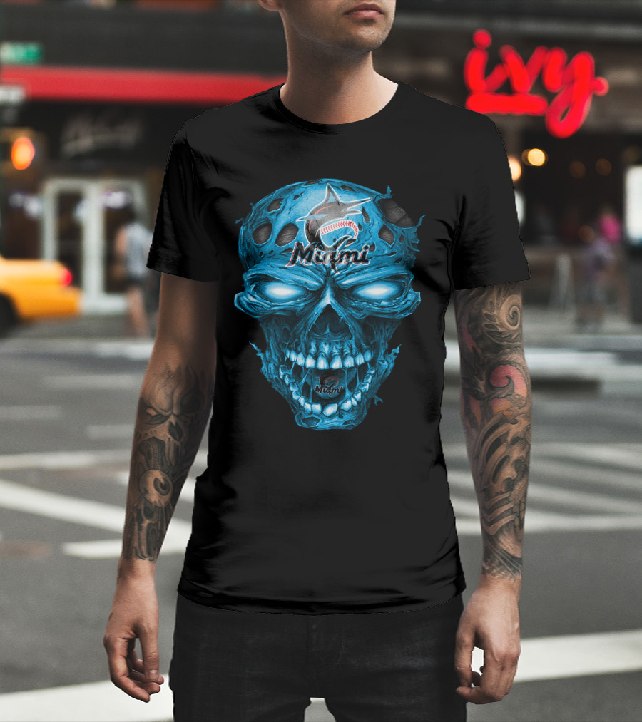 Miami Marlins Skull Blue Baseball T-Shirt