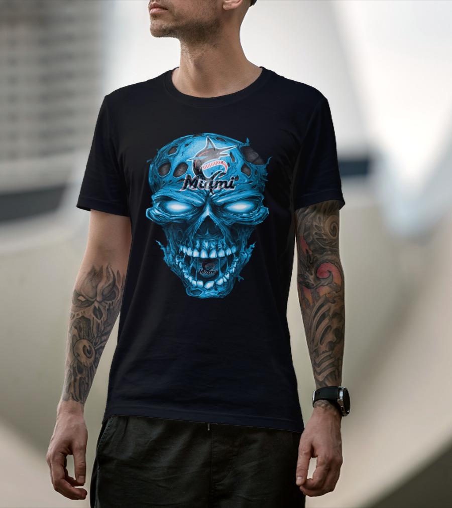 Miami Marlins Skull Blue Baseball T-Shirt