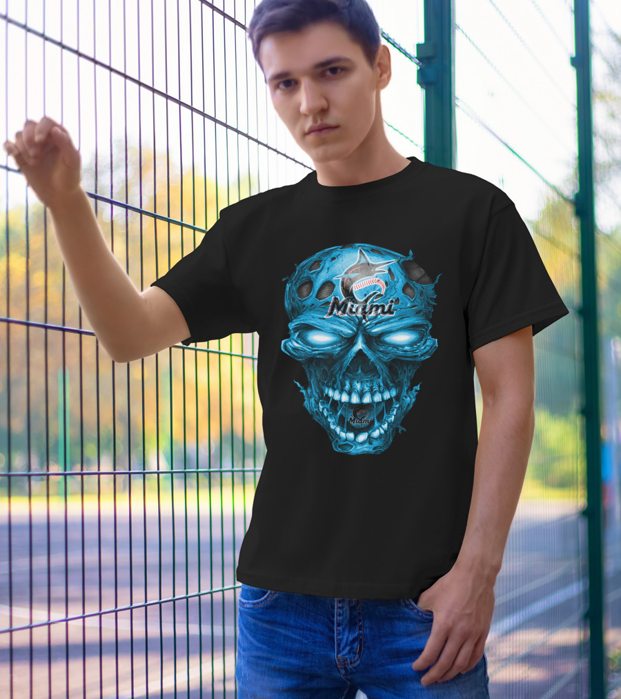 Miami Marlins Skull Blue Baseball T-Shirt